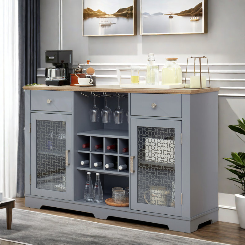 Farmhouse Sideboard Buffet Cabinet With 2 Drawers Glass Door Modern Coffee Bar With Wine And Glass Rack Multi Purpose Storage Cabinet For Living